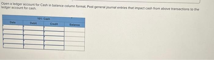 Open a ledger account for Cash in balance column | Chegg.com