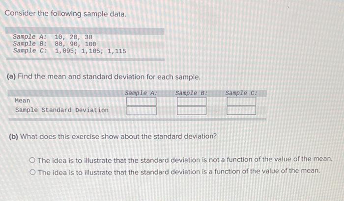 Solved Consider the following sample data. Sample A: 10, 20, | Chegg.com