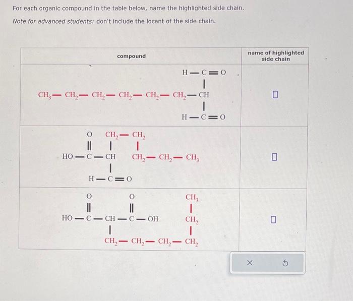 Solved For each organic compound in the table below, name | Chegg.com