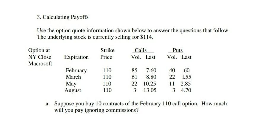 Solved 3. Calculating Payoffs Use the option quote | Chegg.com