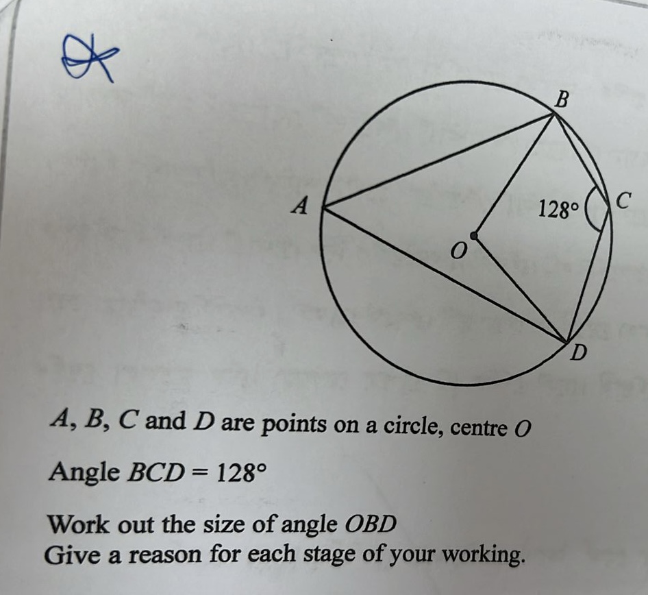 Solved A,B,C ﻿and D ﻿are points on a circle, centre OAngle | Chegg.com