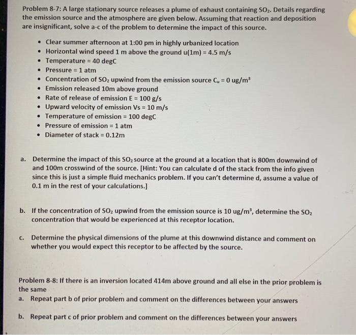Solved Problem 8-7: A large stationary source releases a | Chegg.com