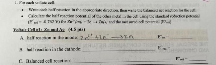 Solved Part II. Data Table 2: Voltaic Cell Data. For each | Chegg.com