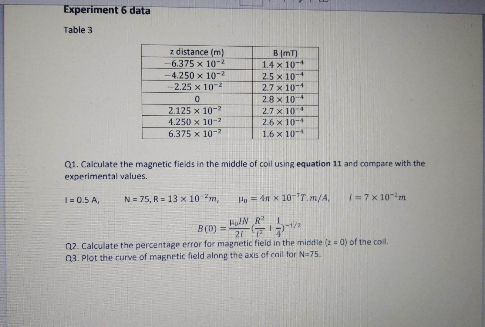 Solved Experiment 6 data Table 3 Q1. Calculate the magnetic | Chegg.com