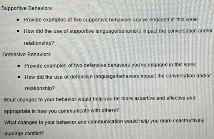 Solved Supportive Behaviors -Provide examples of two | Chegg.com