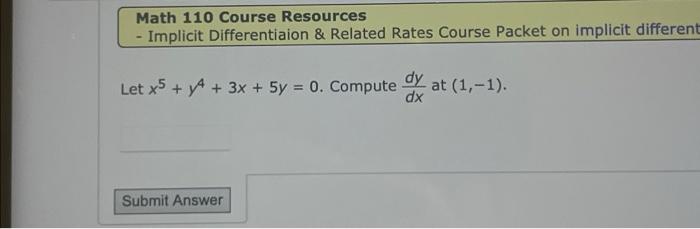 Solved Math 110 Course Resources - Implicit Differentiaion & | Chegg.com