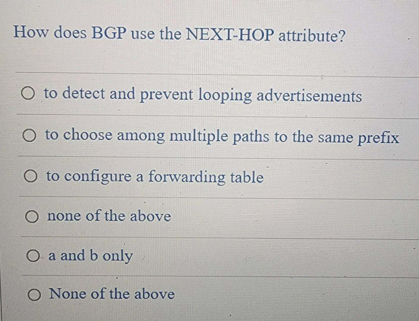 Solved How does BGP use the NEXT-HOP attribute? to detect | Chegg.com