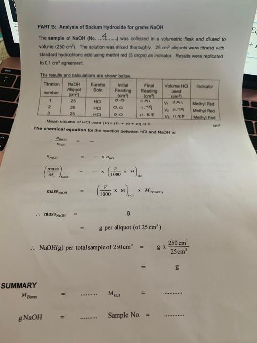 Solved PART B: DETERMINATION OF GRAMS SODIUM HYDROXIDE IN A | Chegg.com