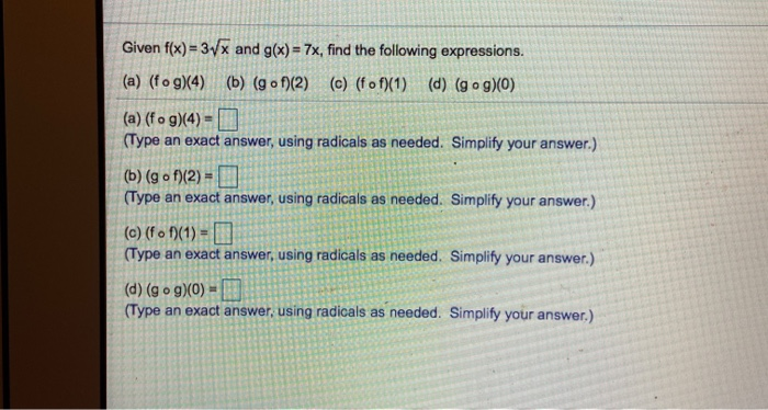 Solved Given f(x)=3Vx and g(x) = 7x, find the following | Chegg.com