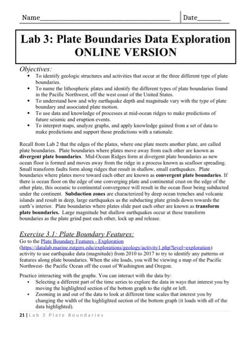 Name Date Lab 3: Plate Boundaries Data Exploration | Chegg.com