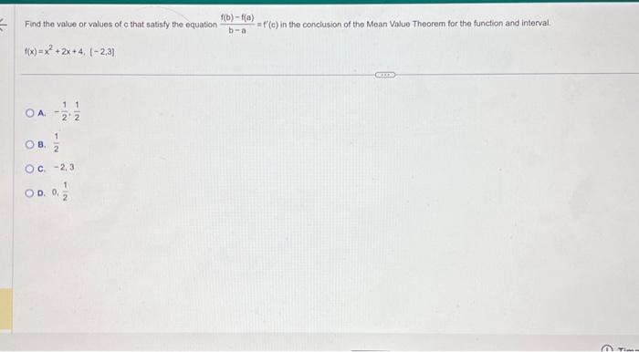 Solved Find the value or values of \\( c \\) that satisfy | Chegg.com