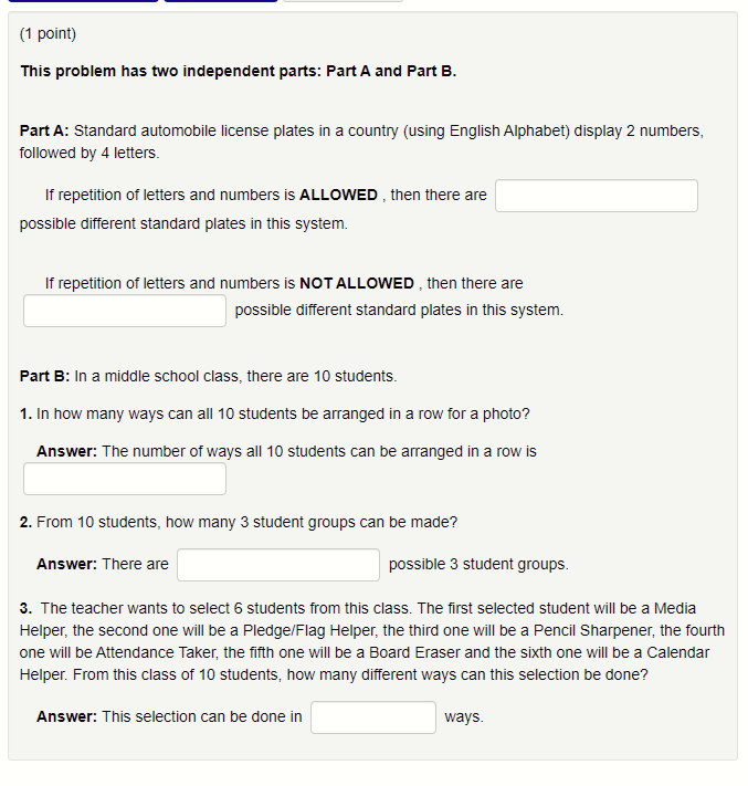 Solved (1 ﻿point)This problem has two independent parts: | Chegg.com