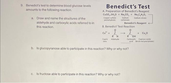 Solved 9. Benedict's test to determine blood glucose levels | Chegg.com