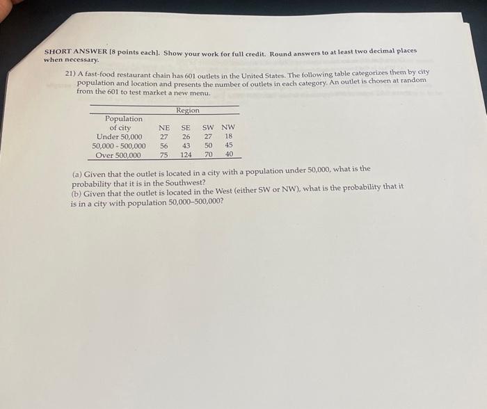 Solved HORT ANSWER [8 points each]. Show your work for full | Chegg.com