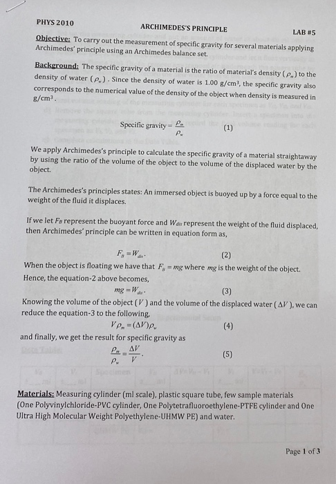 Solved PHYS 2010 ARCHIMEDES'S PRINCIPLE LAB #5 Objective: To | Chegg.com