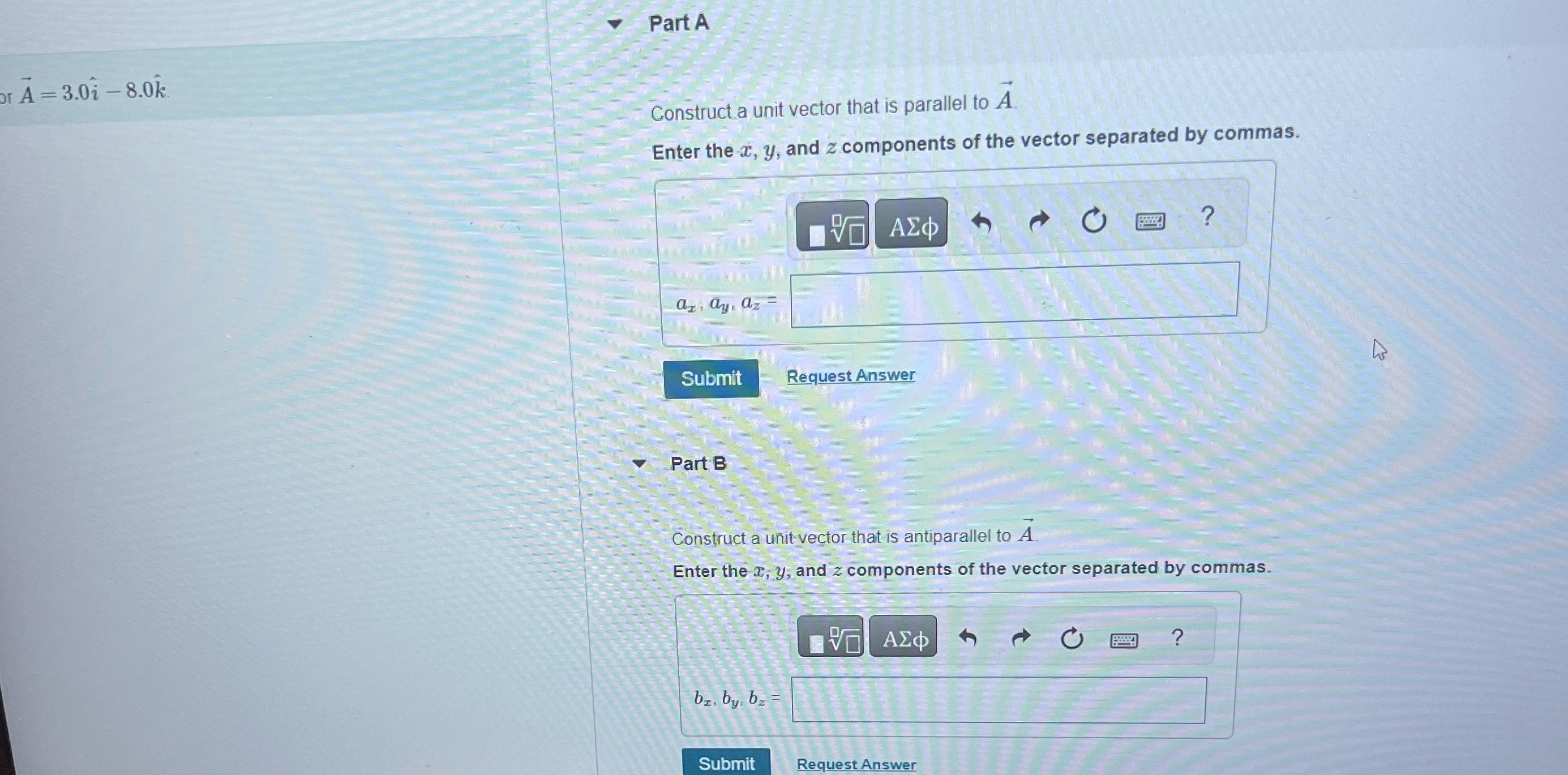 Solved Part Avec(A)=3.0hat(i)-8.0hat(k)Construct a unit | Chegg.com