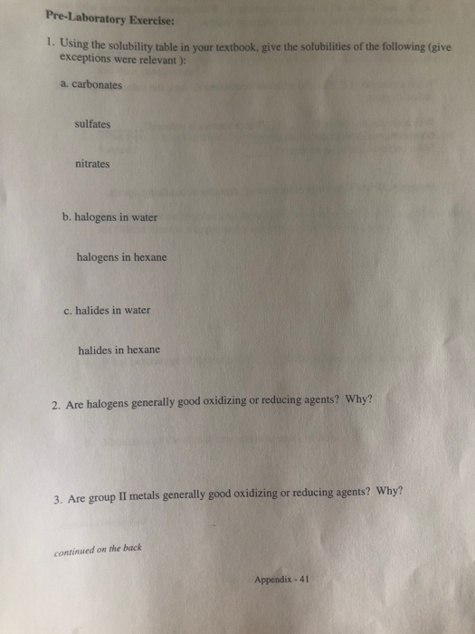 Solved Pre-Laboratory Exercise: using the solubility table | Chegg.com