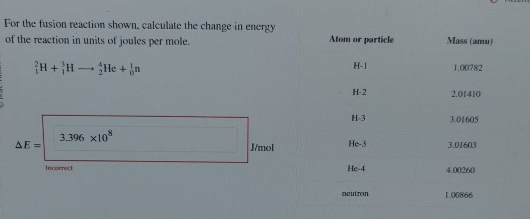 Solved For the fusion reaction shown, calculate the change | Chegg.com