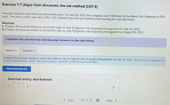 Solved Exercise 7-7 (Algo) Cash discounts; the net method | Chegg.com