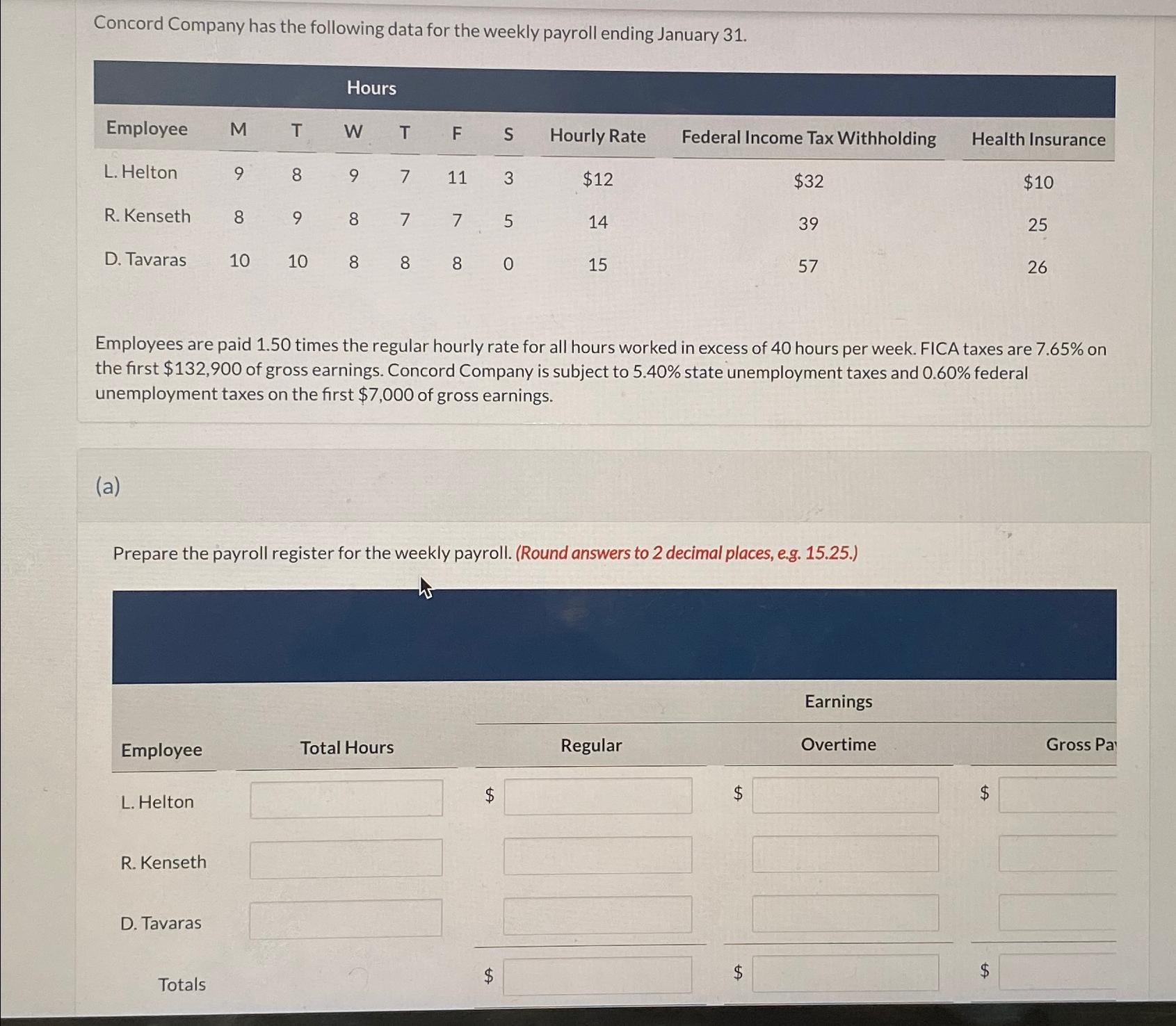 Solved Concord Company has the following data for the weekly | Chegg.com