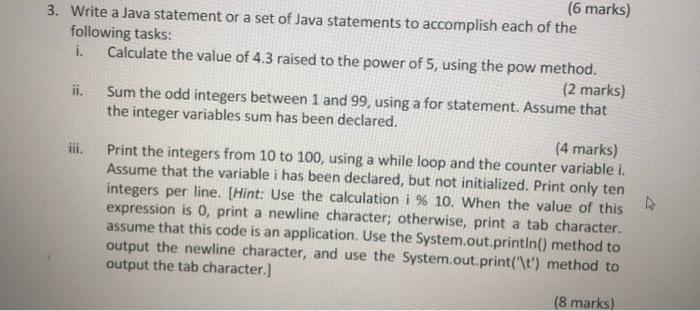 Solved (6 marks) 3. Write a Java statement or a set of Java | Chegg.com