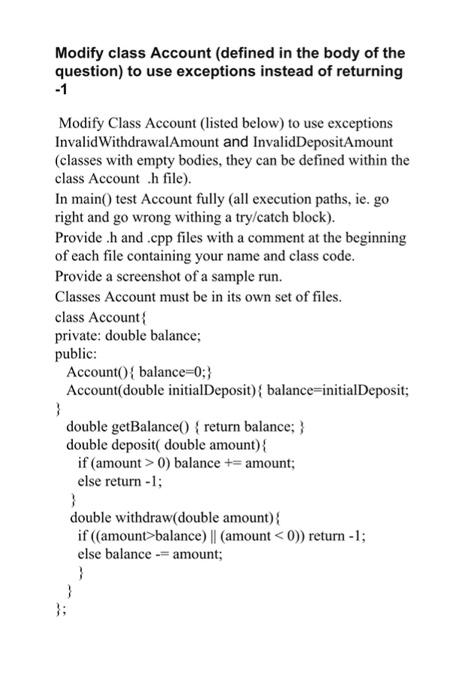 Solved Modify class Account (defined in the body of the | Chegg.com