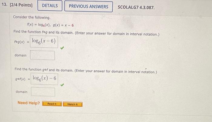 Solved Consider the following. f(x)=log6(x),g(x)=x−6 Find | Chegg.com