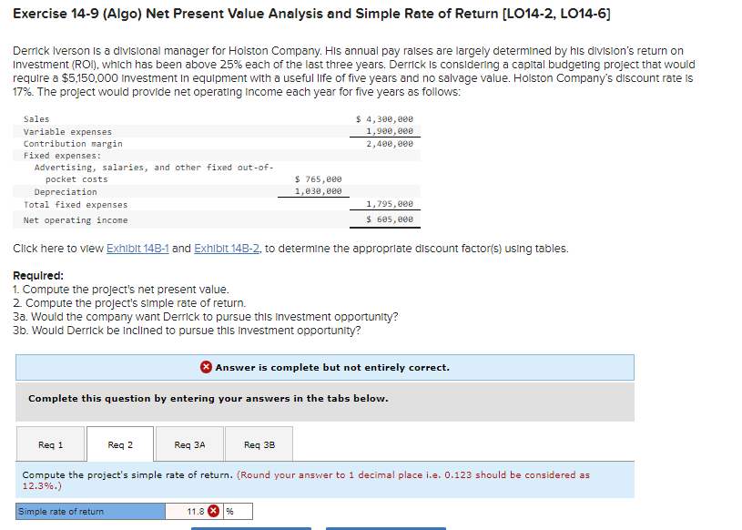Solved Exercise 14-9 (Algo) ﻿Net Present Value Analysis and | Chegg.com