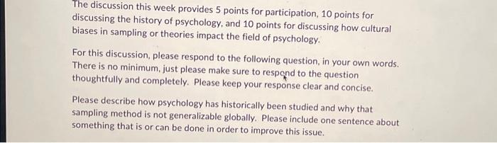 Solved The discussion this week provides 5 points for | Chegg.com