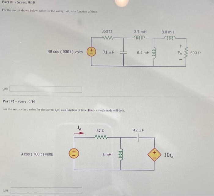 Solved using phasors to find voltage v(t) as a function of | Chegg.com