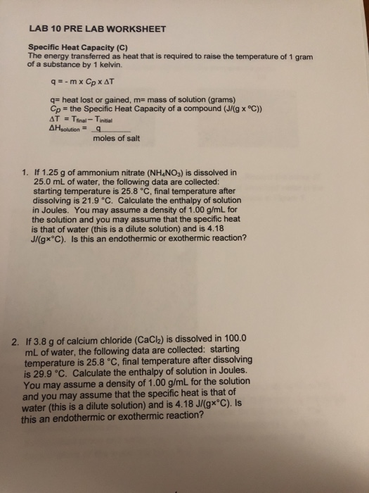 Solved LAB 10 PRE LAB WORKSHEET Specific Heat Capacity (C) | Chegg.com
