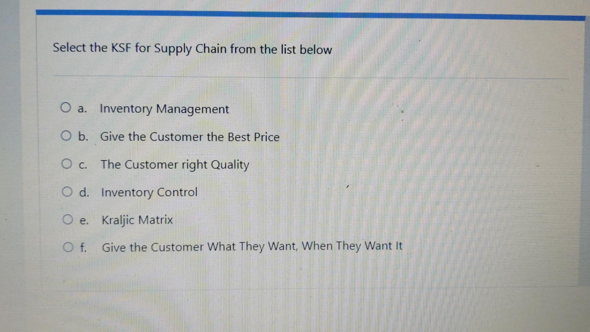 Solved Select the KSF for Supply Chain from the list below O | Chegg.com