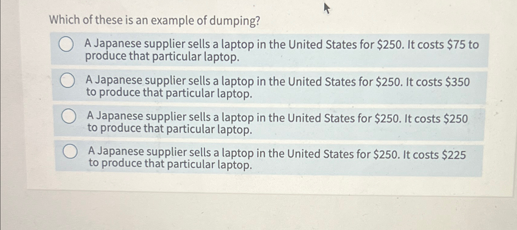 Solved Which of these is an example of dumping?A Japanese | Chegg.com