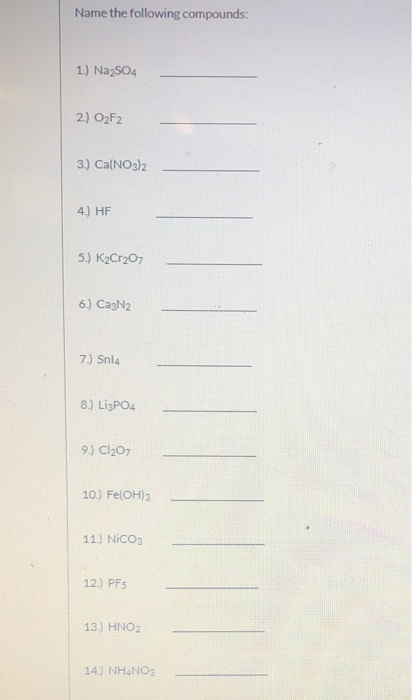 Solved Name the following compounds: 1.) Na2SO4 2.) O2F2 3.) | Chegg.com