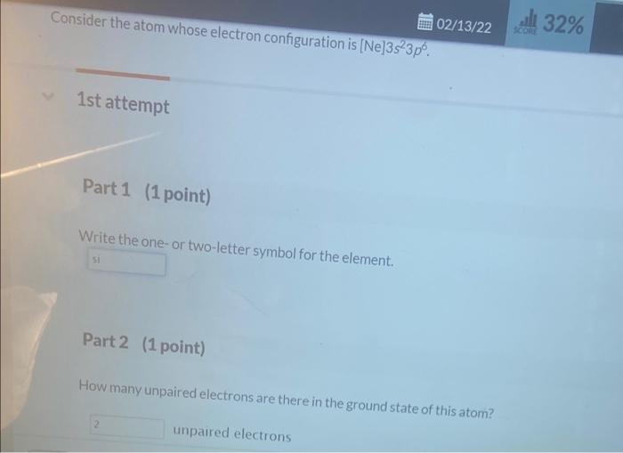 Solved 02/13/22 Consider the atom whose electron | Chegg.com
