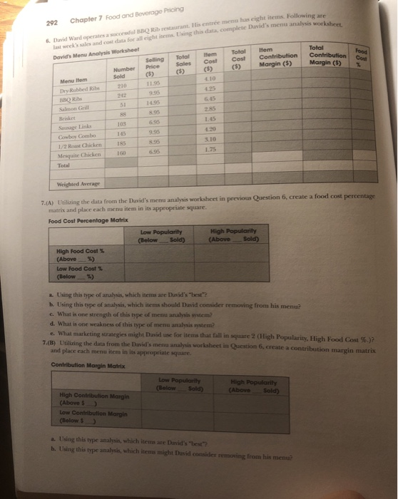 292 Chapter 7 Food and Beverage Pricing susis | Chegg.com
