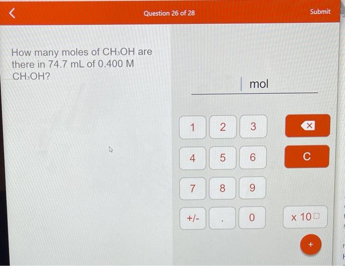 Solved How many moles of CH3OH are there in 74.7 mL of | Chegg.com