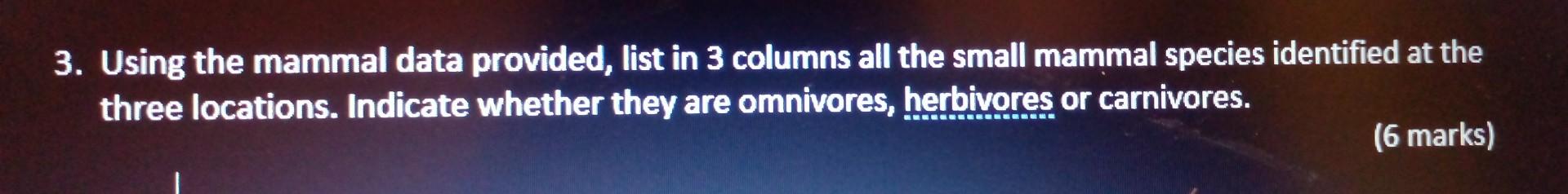 3. Using the mammal data provided, list in 3 columns | Chegg.com