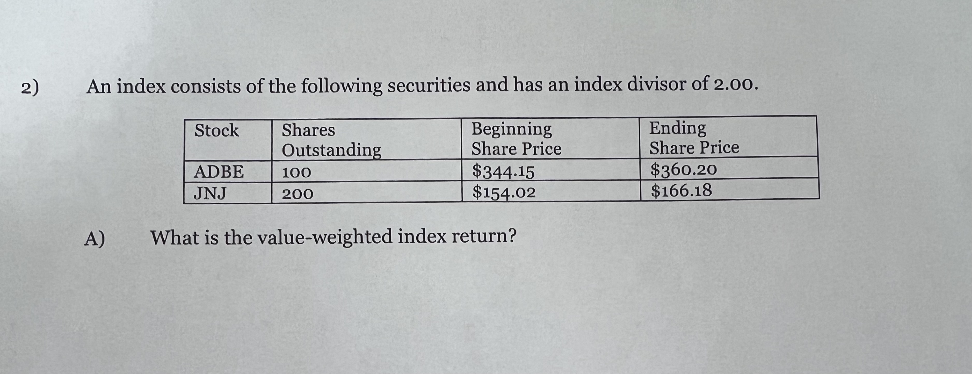 Solved 2) ﻿An index consists of the following securities and | Chegg.com