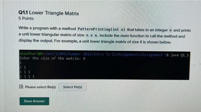 Solved Q1.1 Lower Triangle Matrix 5 Points Write a program | Chegg.com