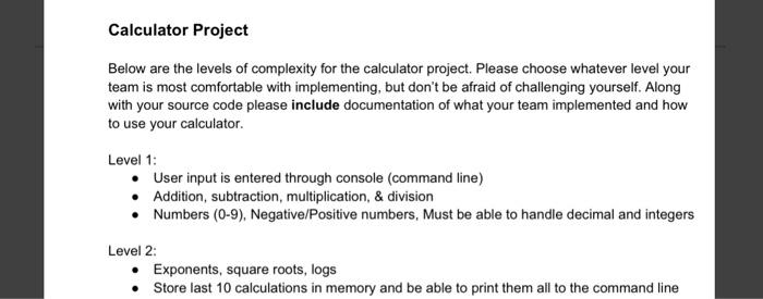 Calculator Project Below are the levels of complexity | Chegg.com