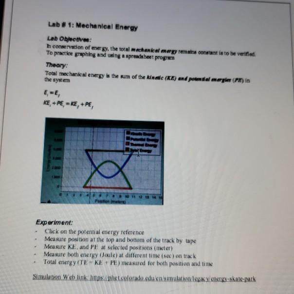 Lab # 1: Mechanical Energy Lab Objectives: In | Chegg.com