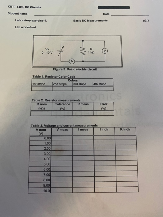 CETT 1403, DC Circuits Student name: Date: Laboratory | Chegg.com
