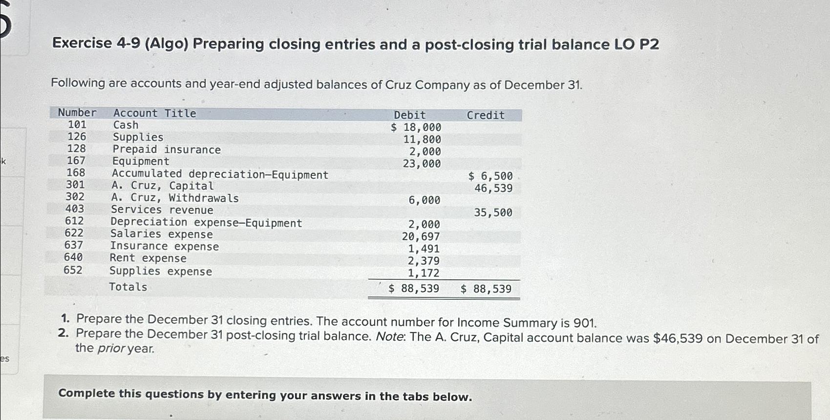 Solved Exercise 4-9 (Algo) ﻿Preparing closing entries and a | Chegg.com