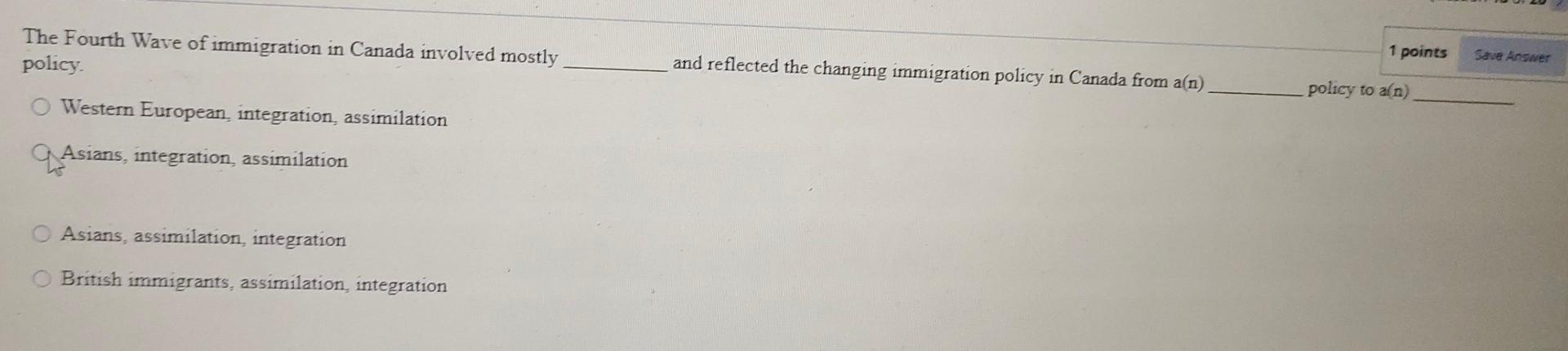 The Fourth Wave of immigration in Canada involved | Chegg.com
