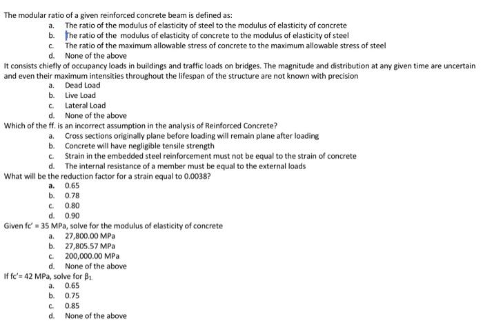 Solved a. The modular ratio of a given reinforced concrete | Chegg.com