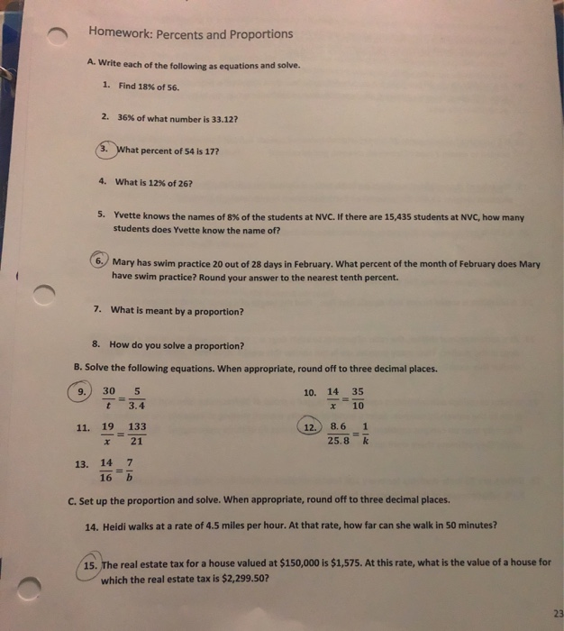 Solved Homework: Percents and Proportions A. Write each of | Chegg.com