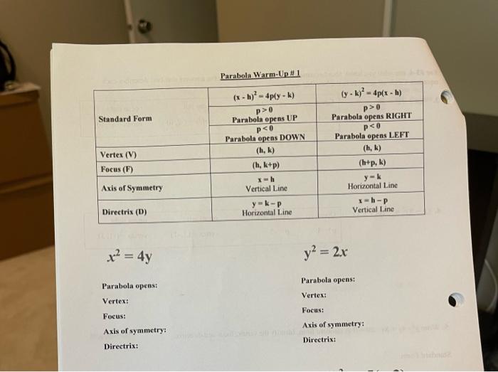 Solved Parabola Warm-Up#1 (x - 1) -4p(y-*) (y - k) - 4p(x - | Chegg.com