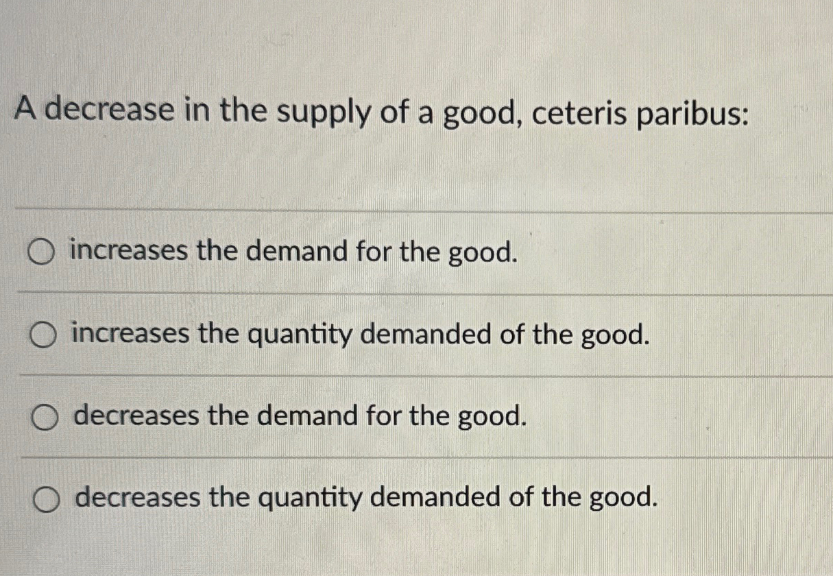 Solved A decrease in the supply of a good, ceteris | Chegg.com
