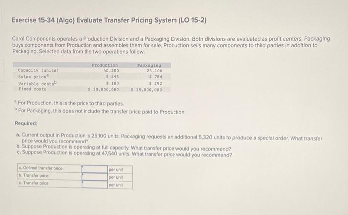 Solved Exercise 15-34 (Algo) Evaluate Transfer Pricing | Chegg.com